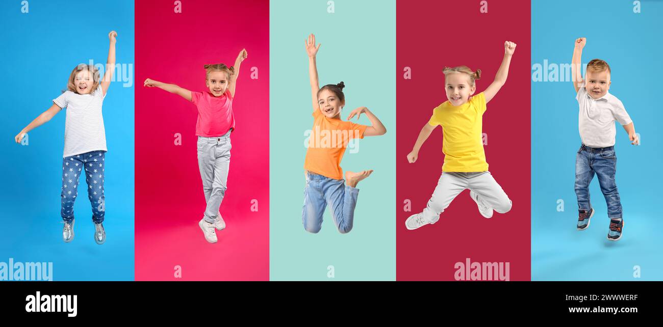 Group of children jumping on color backgrounds, set of photos Stock ...
