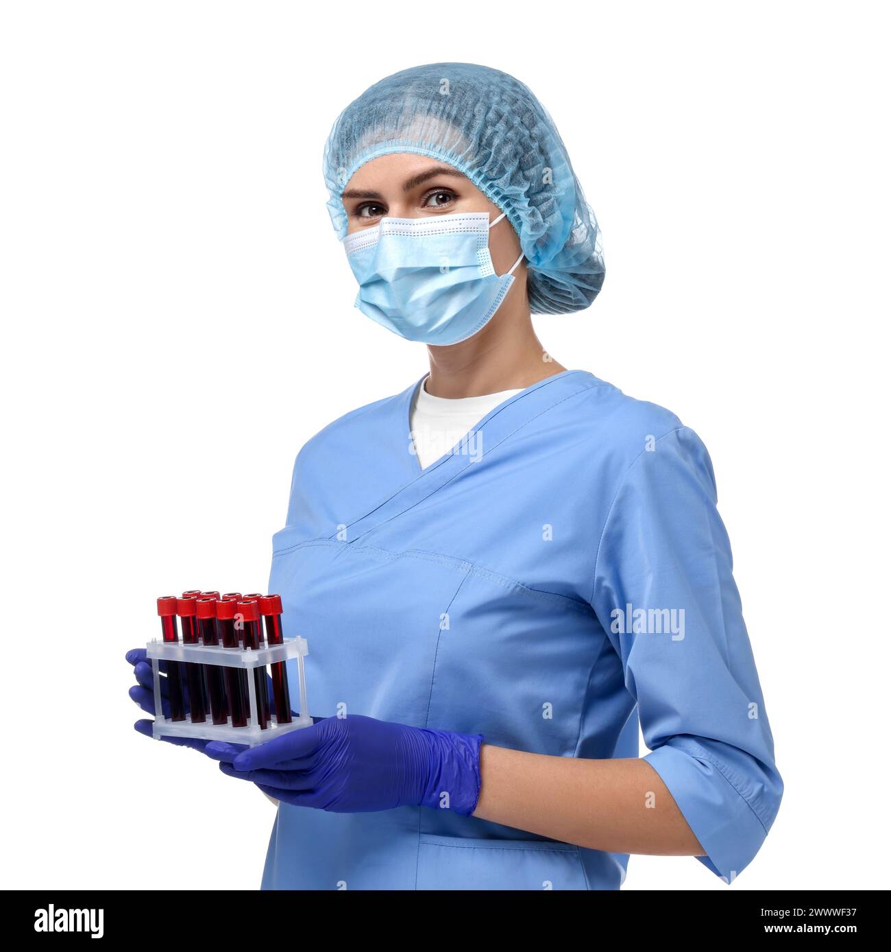 Laboratory testing. Doctor with blood samples in tubes on white ...