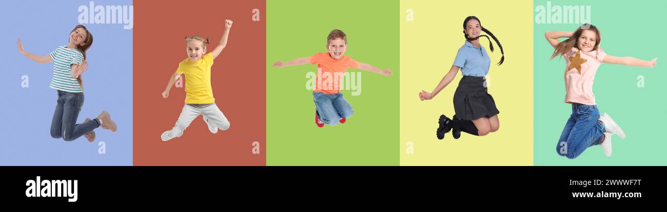 Group of children jumping on color backgrounds, set of photos Stock ...