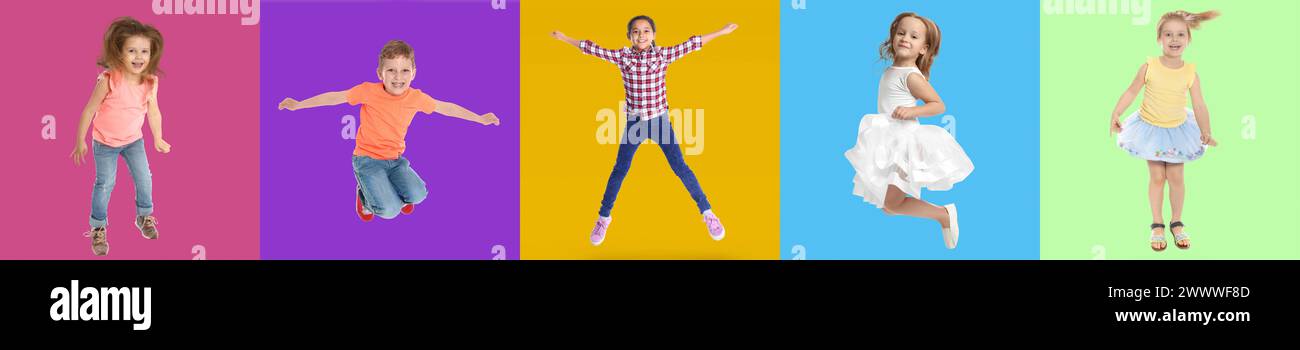 Group of children jumping on color backgrounds, set of photos Stock ...