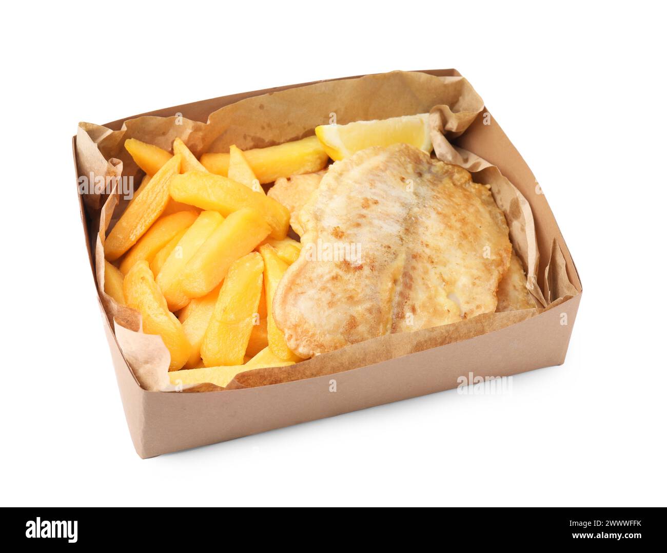 Delicious fish and chips in paper box isolated on white Stock Photo - Alamy