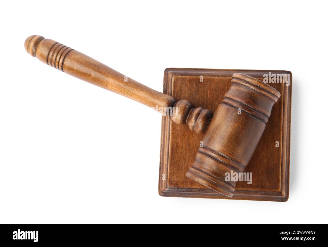 Wooden gavel isolated on white, top view. Small mallet Stock Photo - Alamy