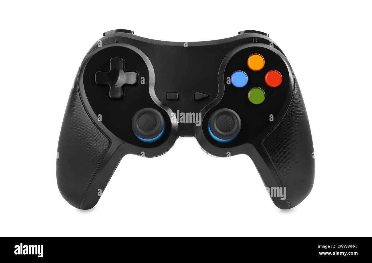 Black wireless controller on white background. Video game device Stock ...