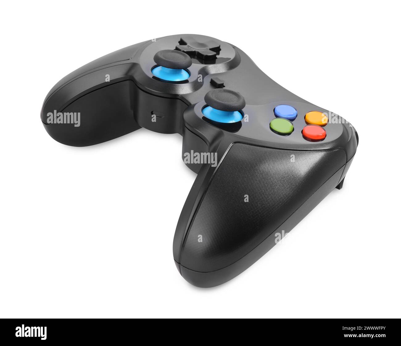 Black wireless controller on white background. Video game device Stock ...