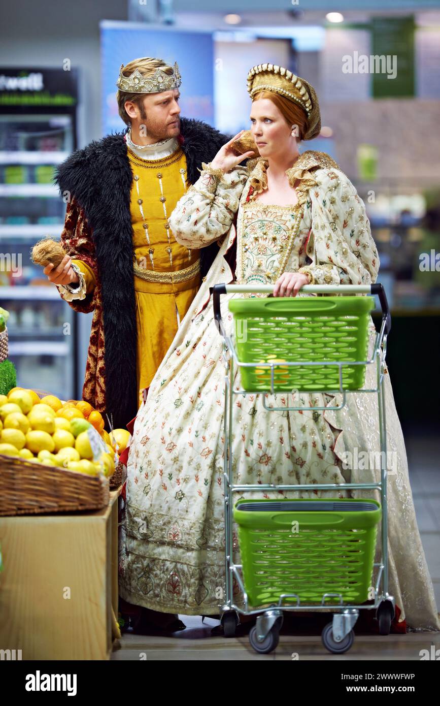 Confused, supermarket and king with queen, conversation and frustrated ...