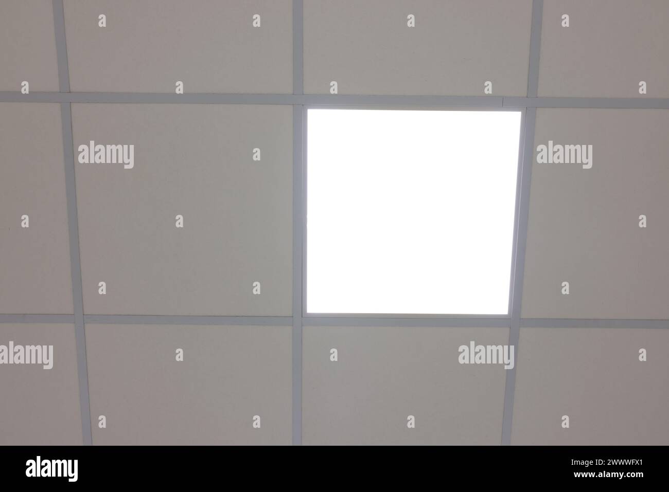 White ceiling with PVC tiles and lighting, bottom view Stock Photo - Alamy
