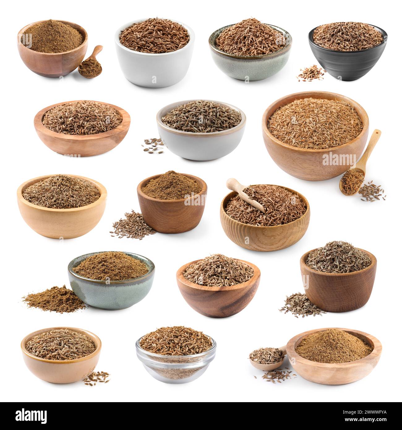 Aromatic caraway (Persian cumin) seeds and powder in bowls isolated on ...