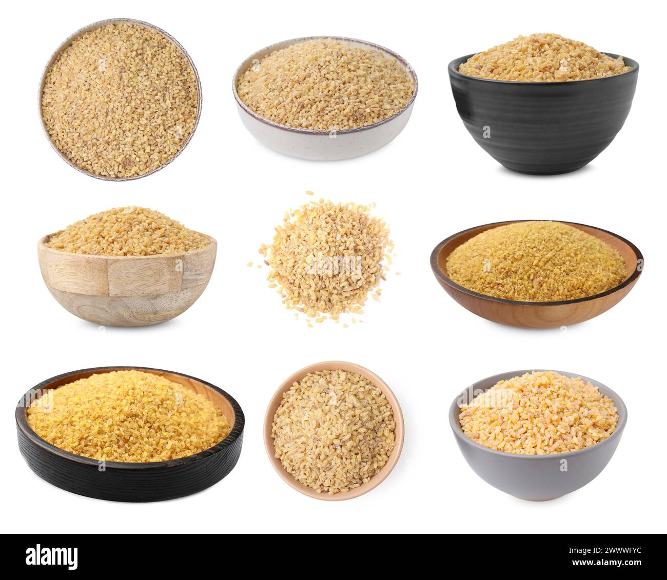 Different types of bulgur isolated on white, set Stock Photo - Alamy
