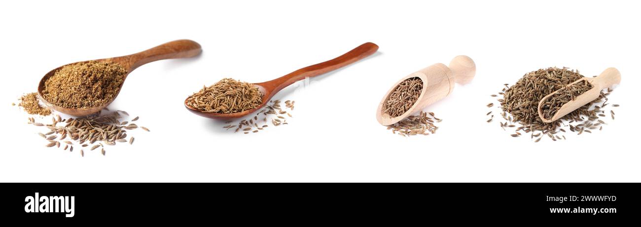 Aromatic caraway (Persian cumin) seeds and powder isolated on white ...