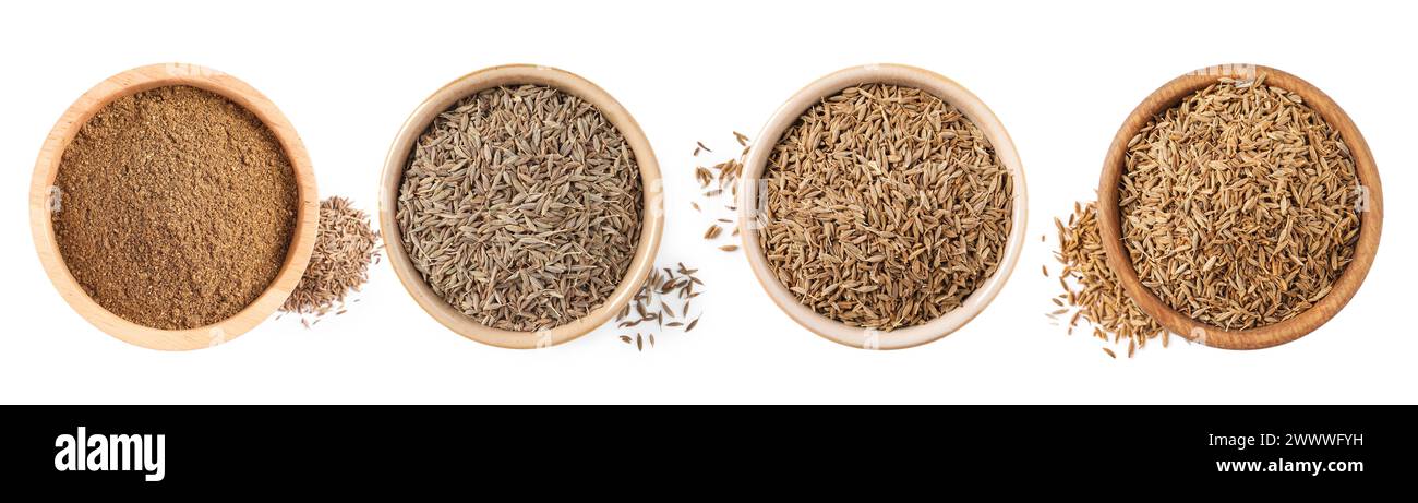 Aromatic caraway (Persian cumin) seeds and powder in bowls isolated on ...