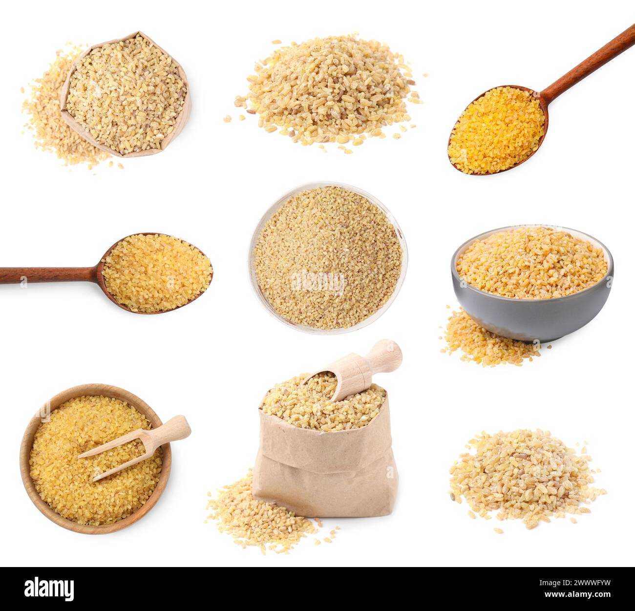 Different types of bulgur isolated on white, set Stock Photo - Alamy