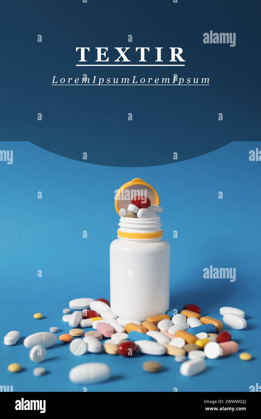 Tablets on the table. Pills are scattered on the table. Blue, medical ...