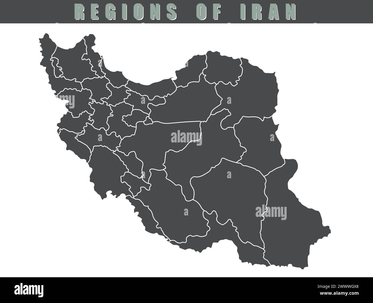 Grey Flat Provinces Map of Asian Country of Iran. Each city and border ...