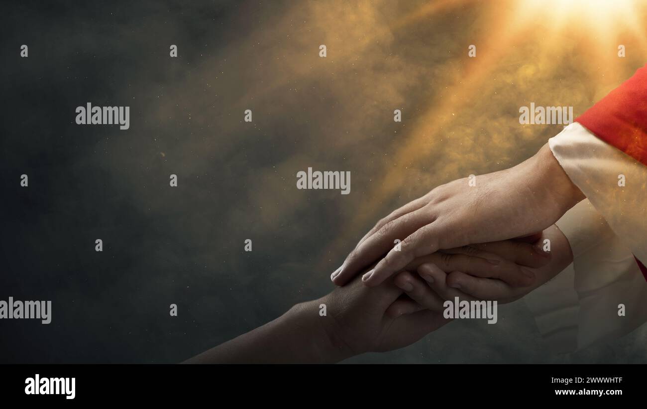 Jesus Christ's giving a helping hand with a bright light background ...