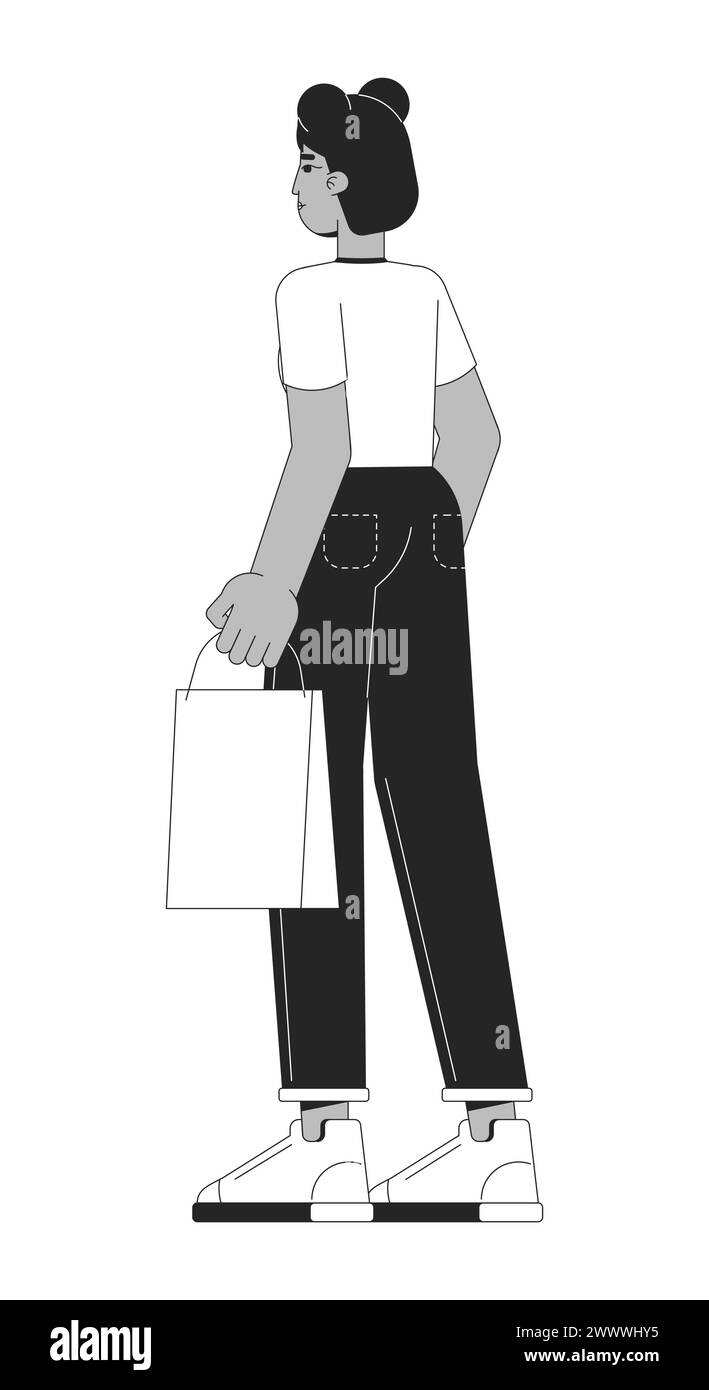 African american woman with shopping bag black and white 2D line ...