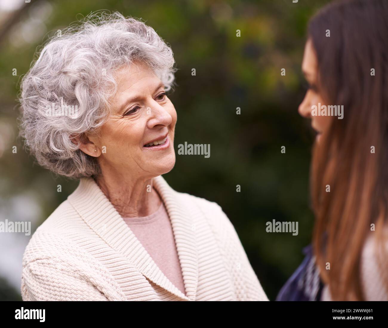 Senior woman, mother and daughter with smile for love, bonding and ...