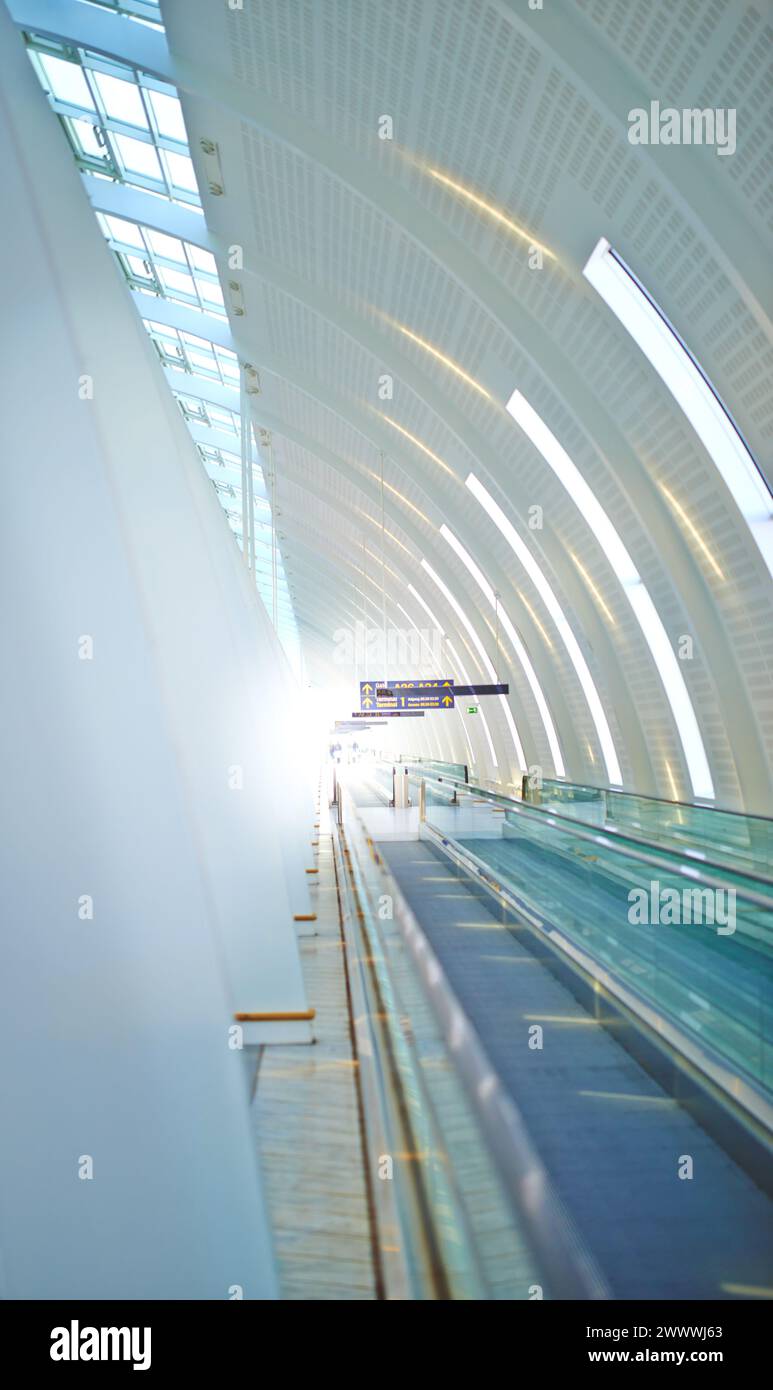 Airport, building and design with interior and window in futuristic ...