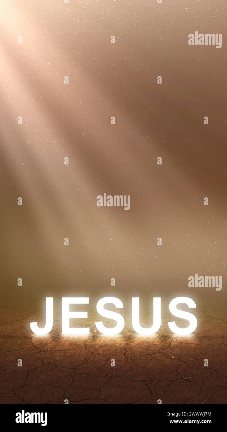 Closeup view of the text of Jesus with a bright light background ...