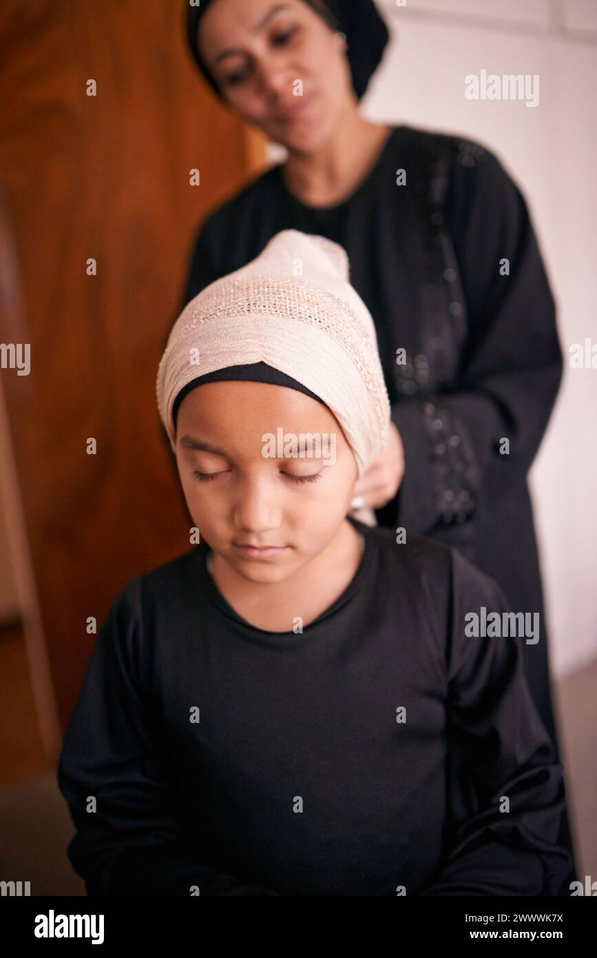 Mother, child and muslim with help, hijab and support for eid ...