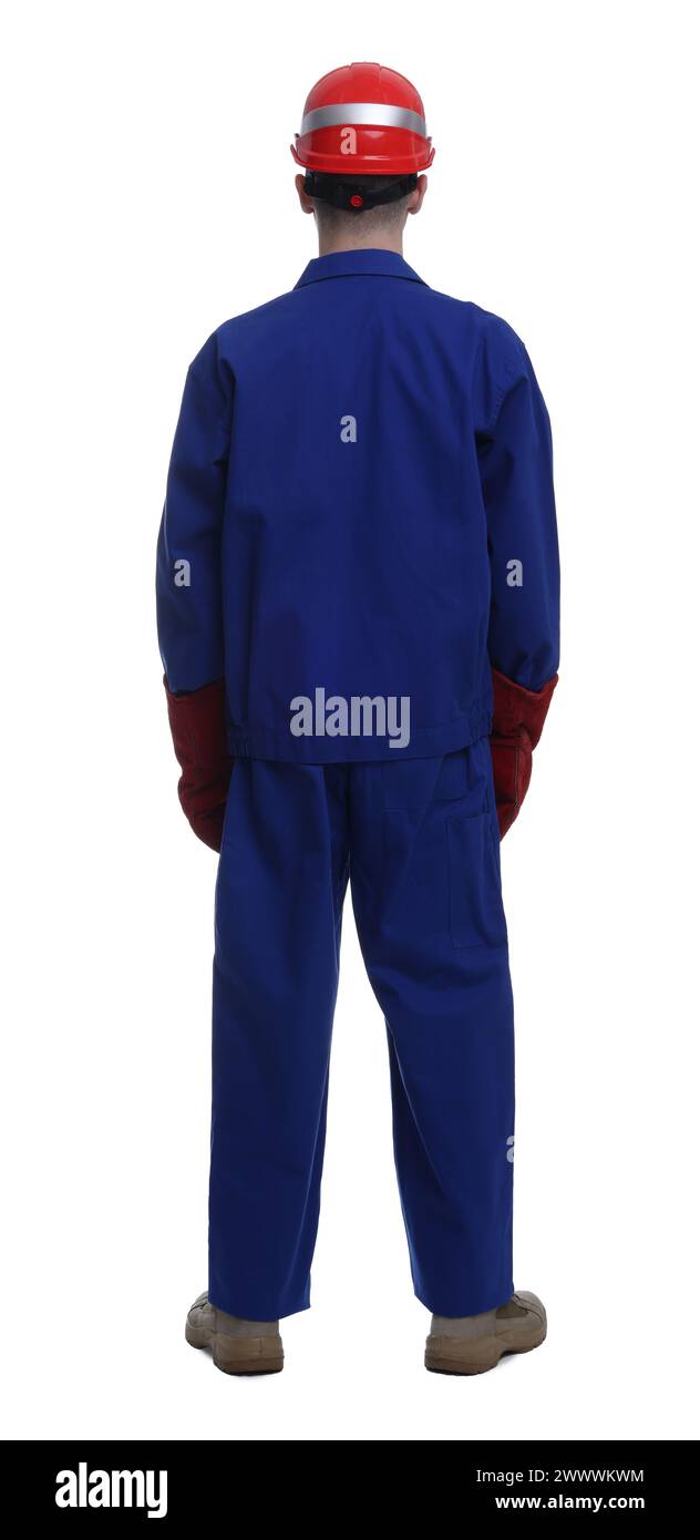 Young man wearing safety equipment on white background, back view Stock ...