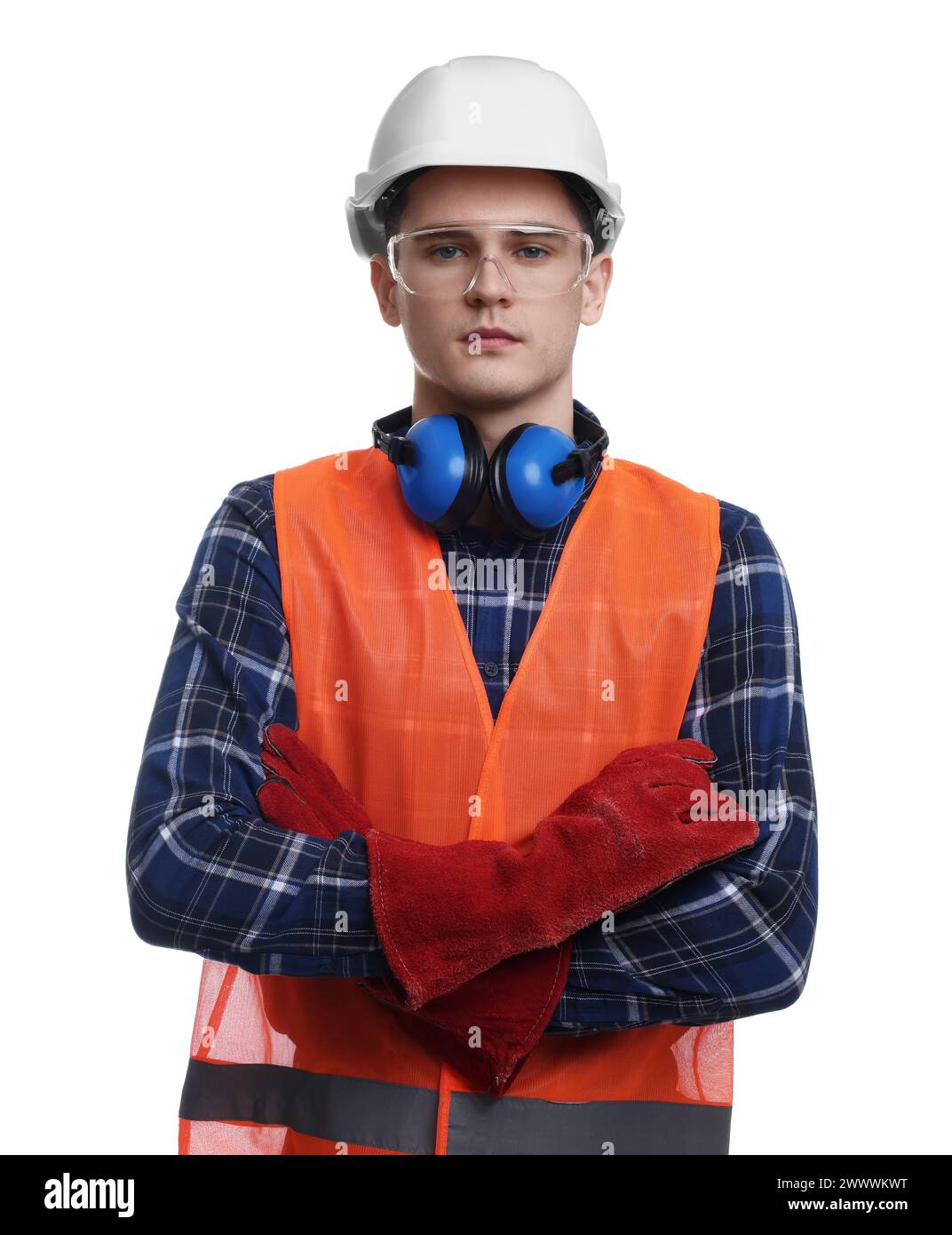 Young man wearing safety equipment on white background Stock Photo - Alamy