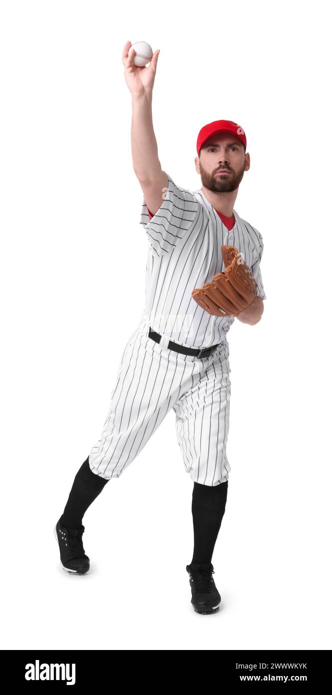 Baseball player throwing ball on white background Stock Photo - Alamy