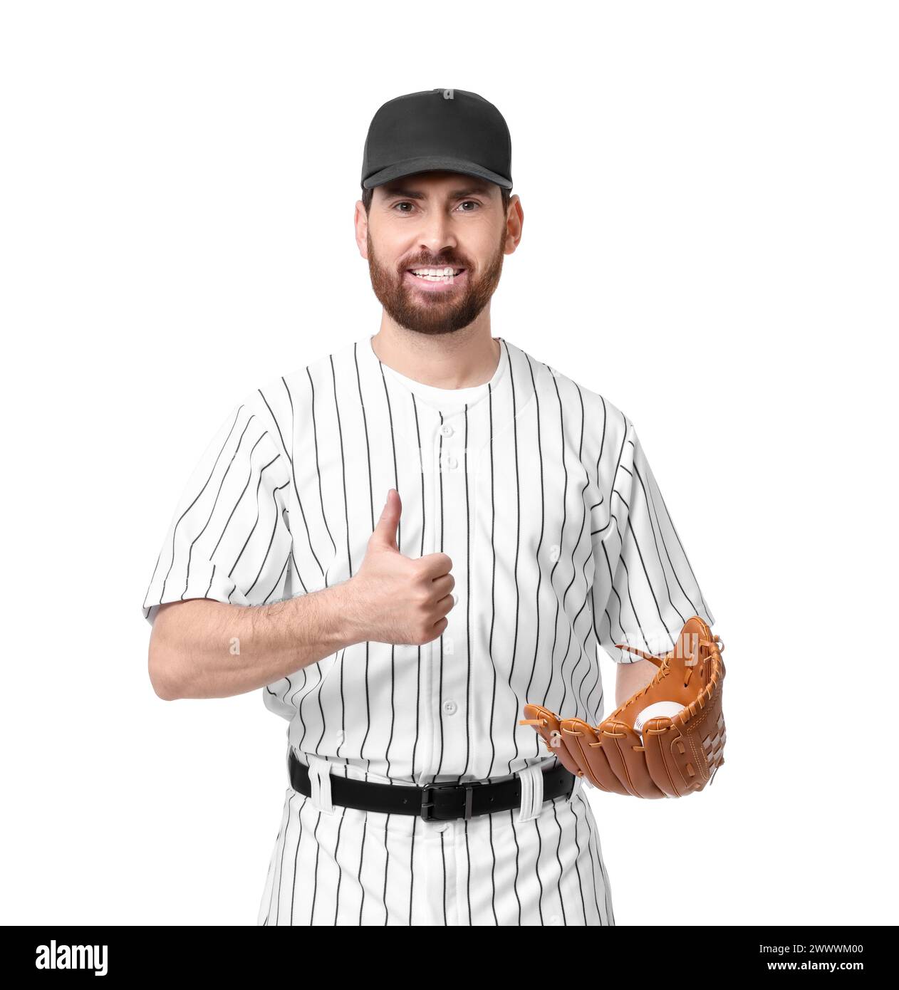 Baseball player with leather glove and ball showing thumbs up on white ...