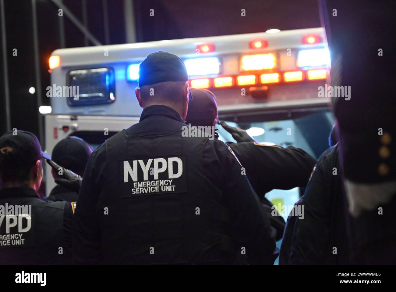 (EDITORS NOTE: Image depicts death)Body of NYPD officer Jonathan Diller placed into ambulance at ...