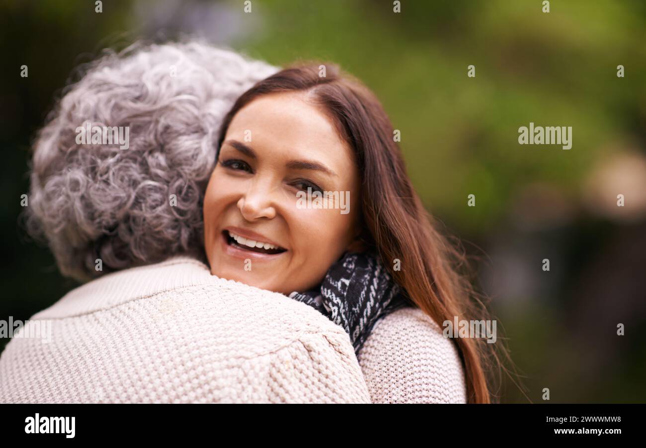Hug, mother and woman with smile for love, embrace and affection for ...