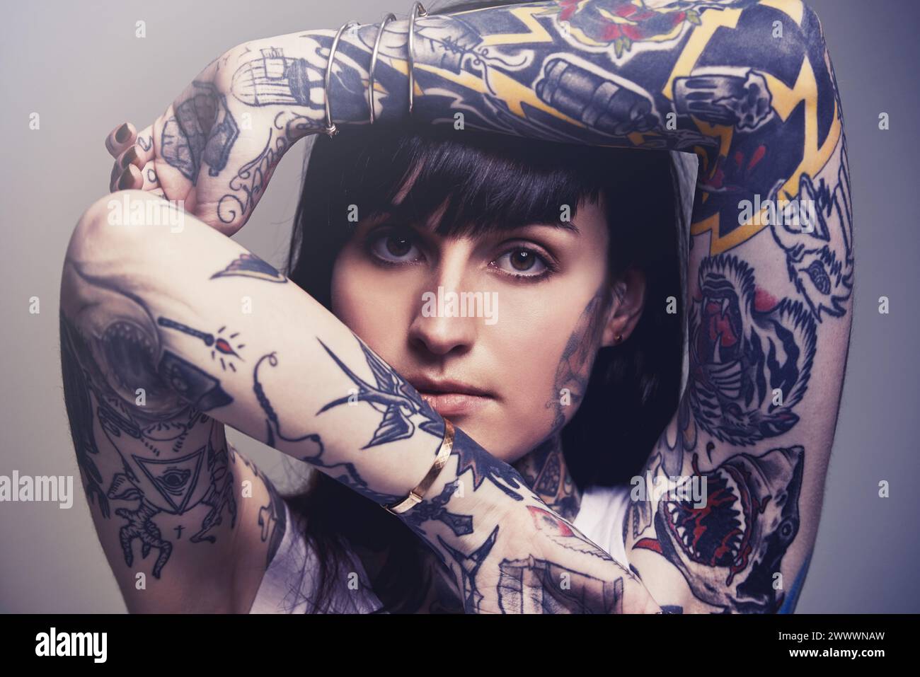 Tattoo, portrait and woman with culture, rebel and heavy metal on a ...