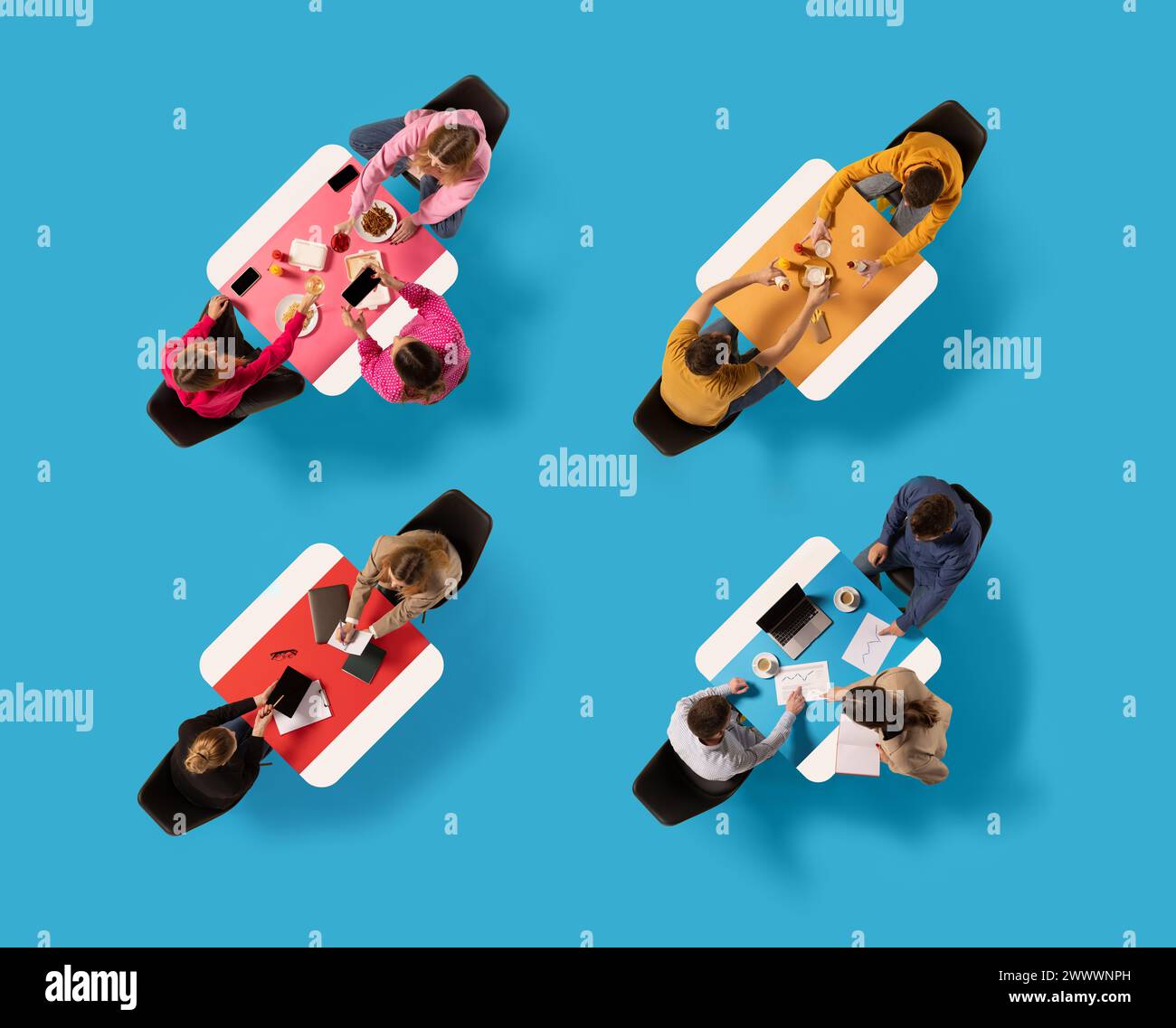 Top view of four groups of people engaged in various activities around ...