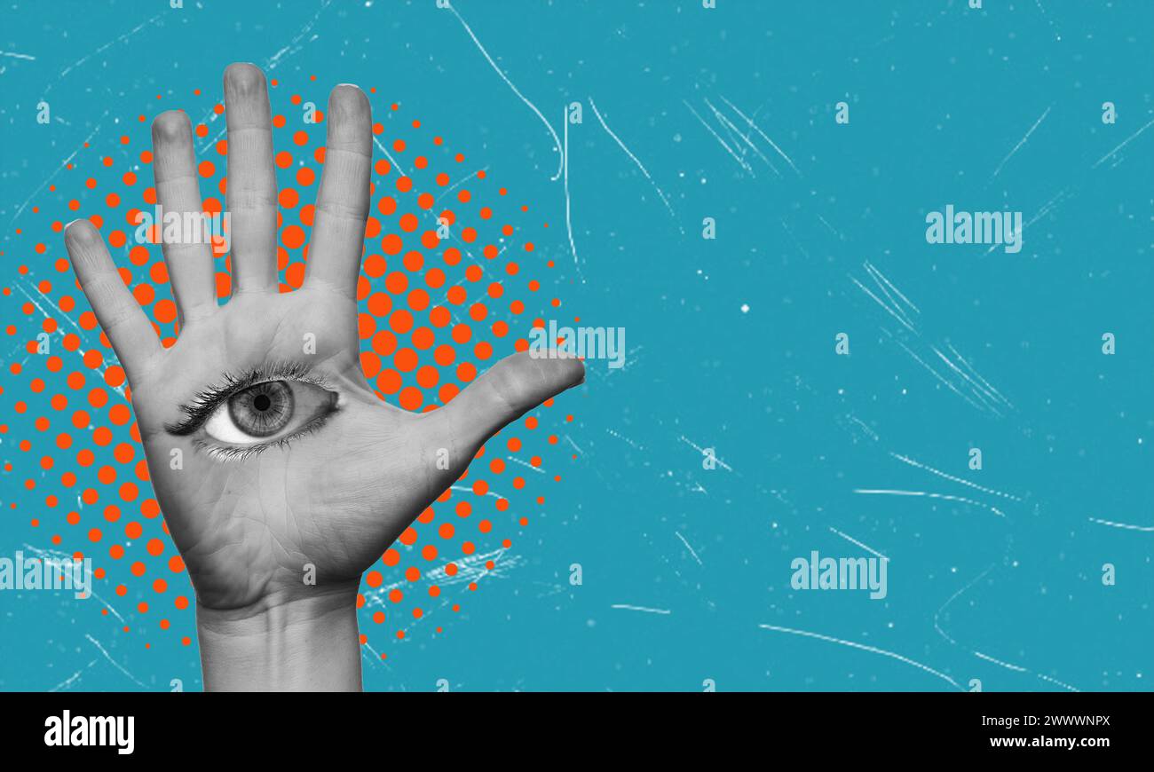 Contemporary art collage of a human hand with an eye and a place to ...