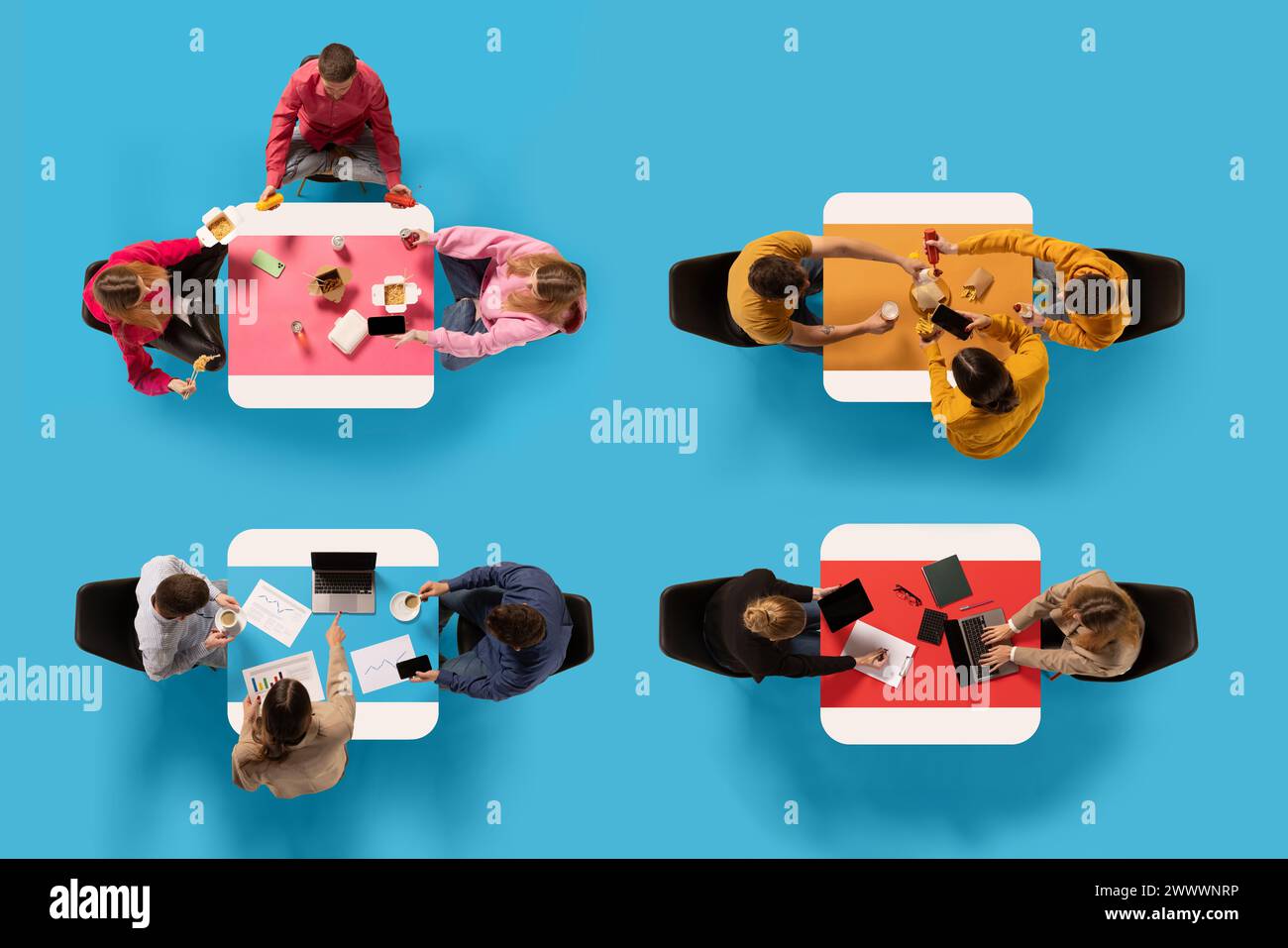 Top view of four groups of people engaged in various activities around ...