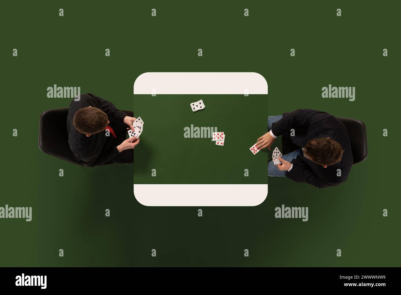 Creative collage. Overhead view of two people, man playing cards at ...