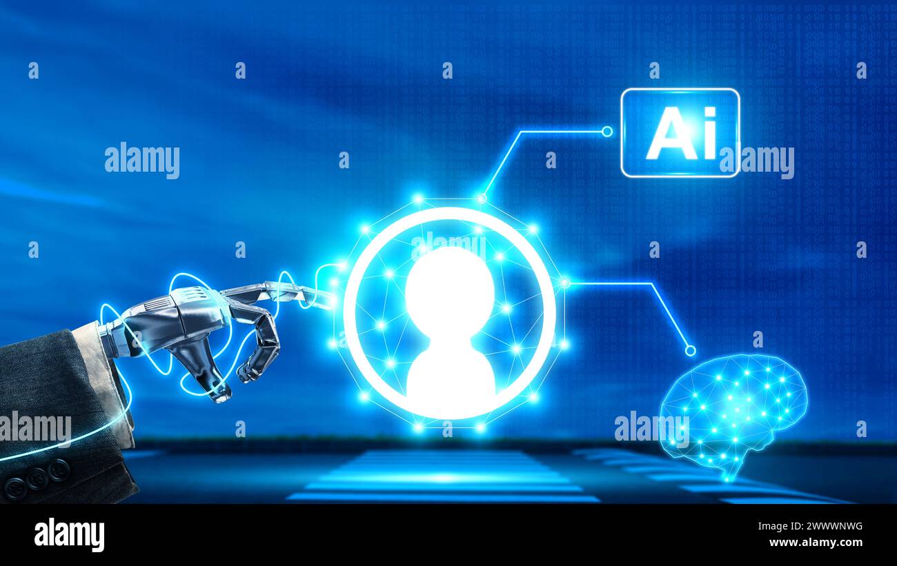 The robotic hand touches the AI symbol on a digital background ...