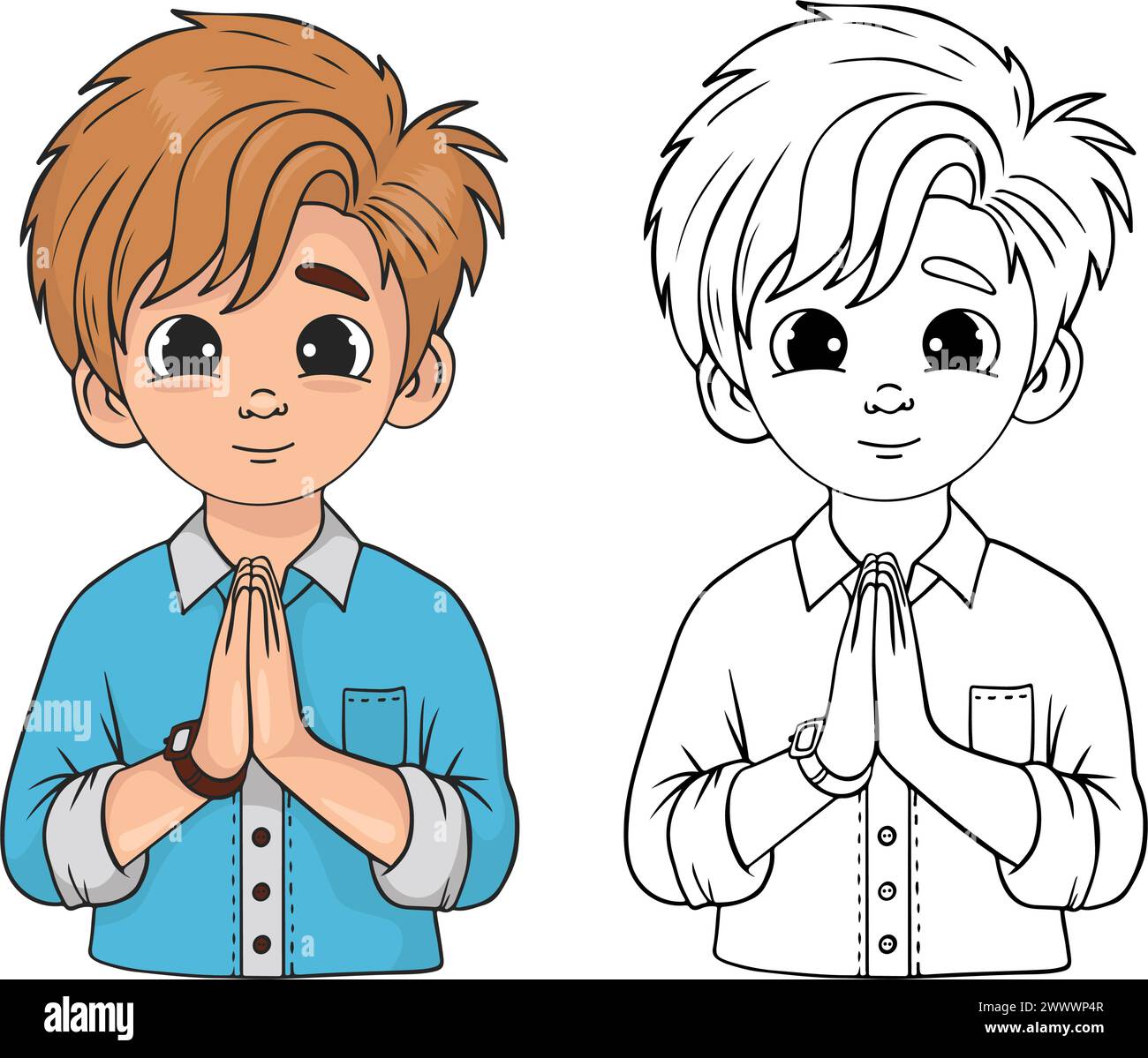 Cute praying boy teenager with folded hands in prayer. Linear hand and ...