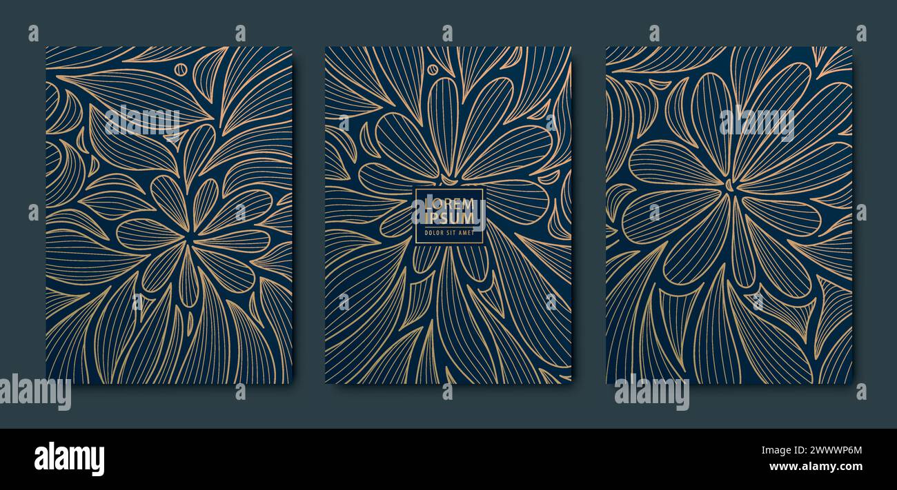 Vector set of luxury floral line patterns, art deco cards with leaves ...