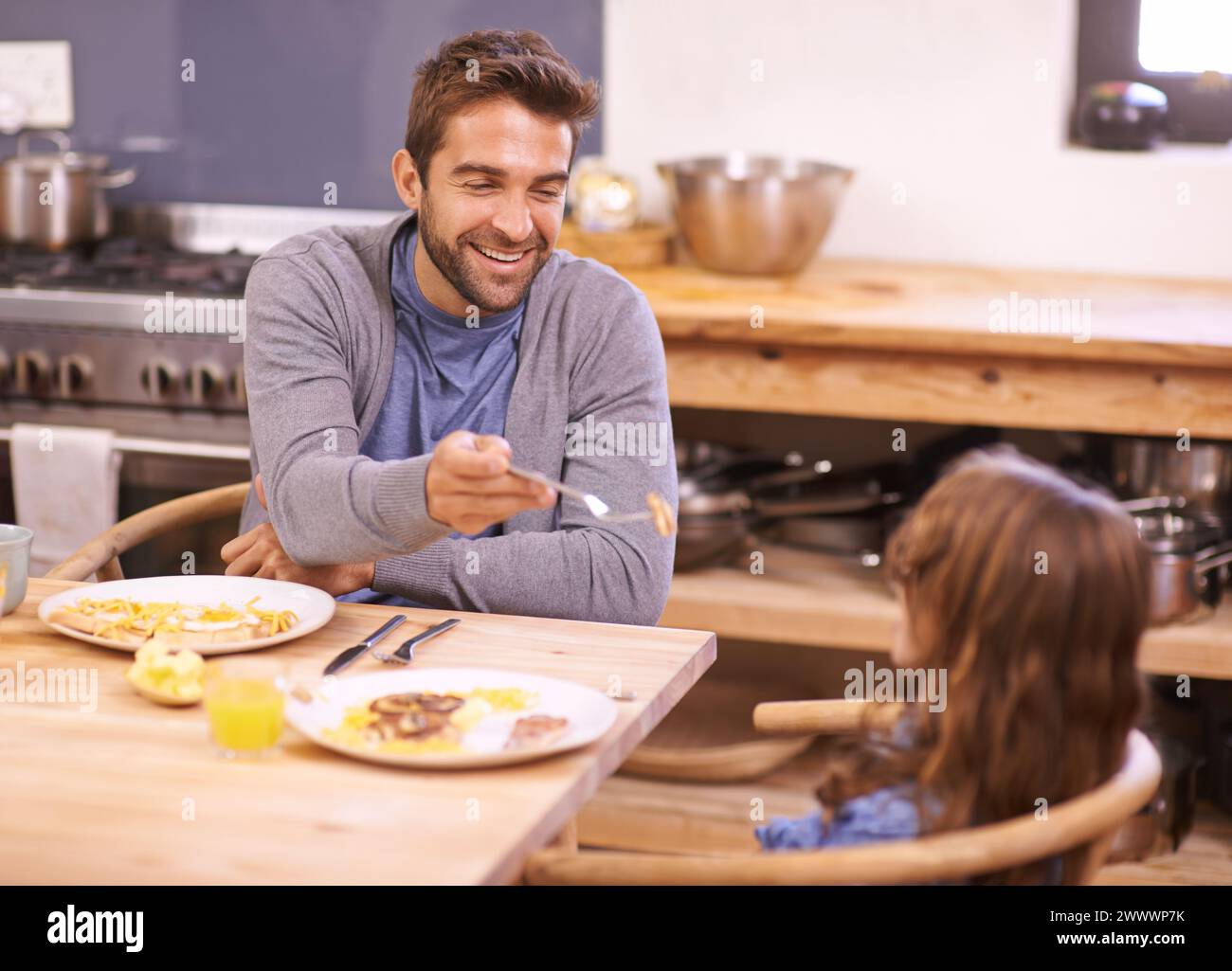 Dad, girl and laugh in morning with breakfast for routine with quality ...