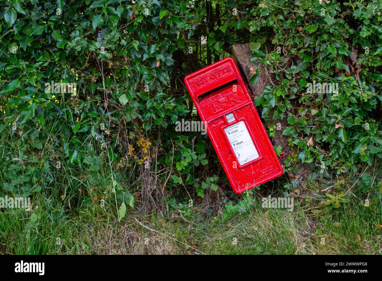 At the side of a country road a bright red British post office letter ...