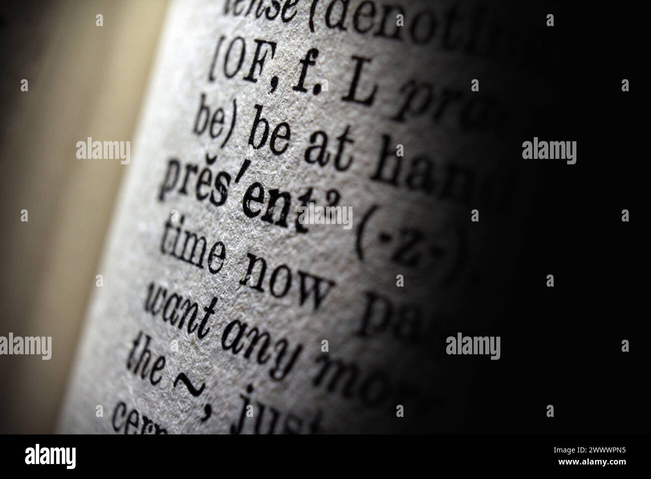 Word present on dictionary page, macro close-up Stock Photo - Alamy
