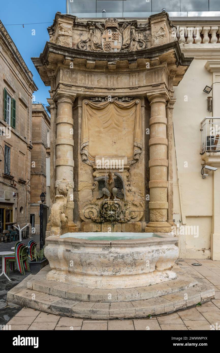 Ancient baroque fountain on St George's square, Valletta, Malta Stock ...