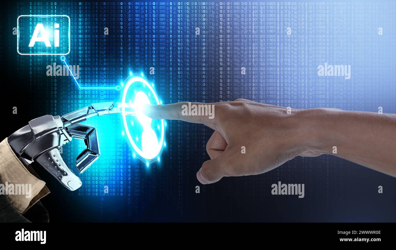 The robotic hand and human hand touch the AI symbol on a digital ...