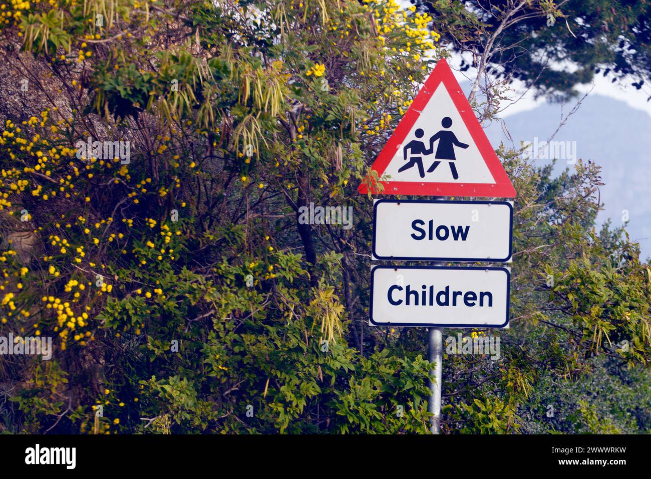 Road sign, pedestrian and slow children with mistake for grammar, joke ...