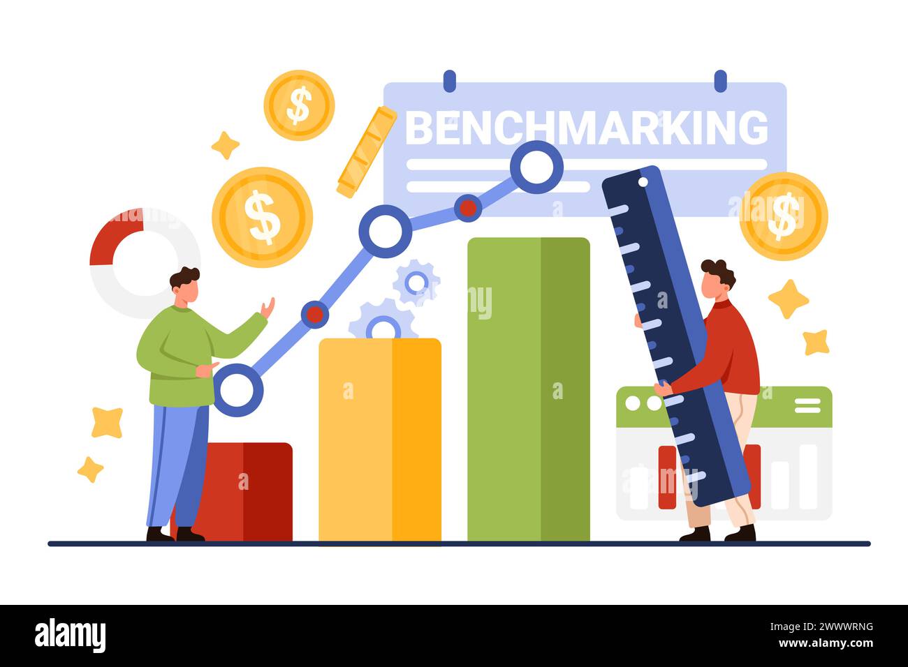 Benchmarking analysis, analytics for best quality and financial progress. Tiny people measure ...