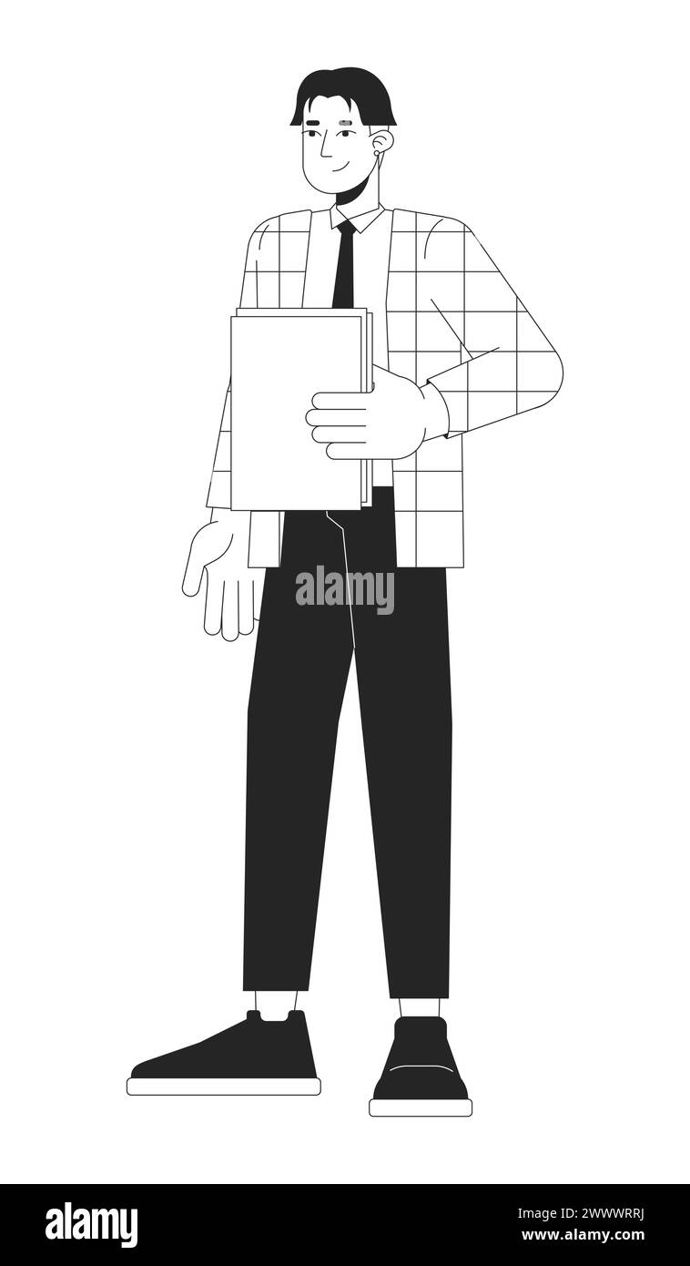 Asian male office worker holding paperwork black and white 2D line cartoon character Stock ...
