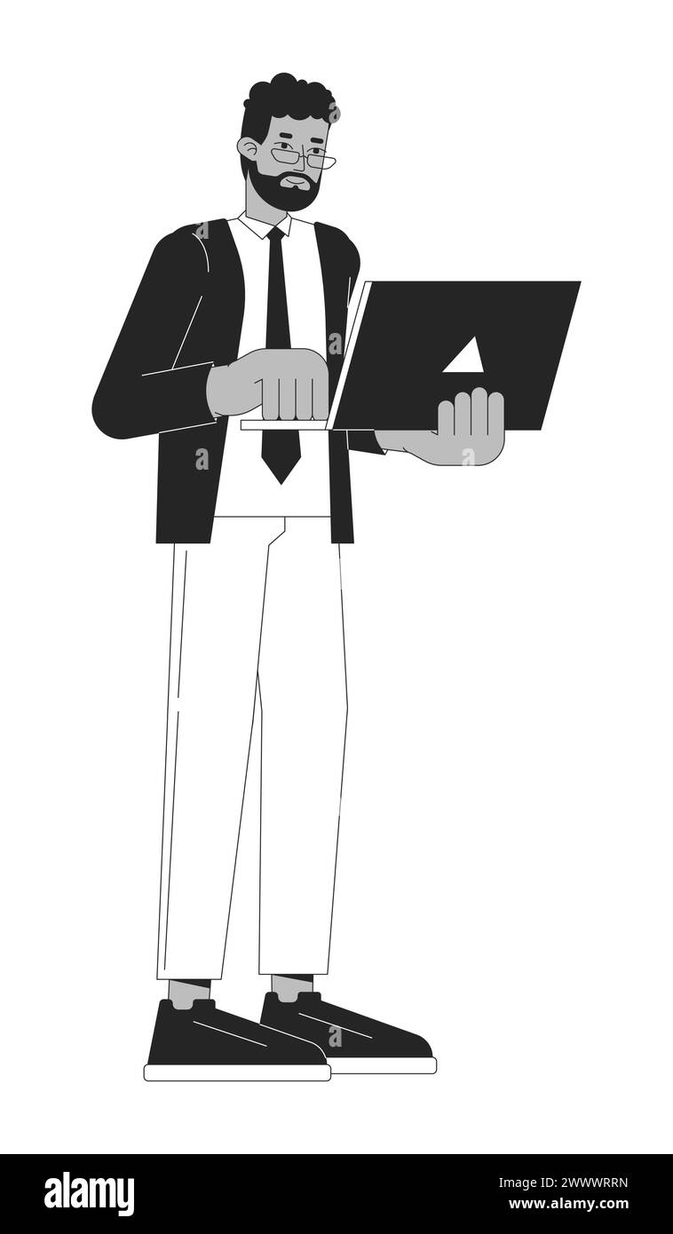 Black adult male office worker holding laptop black and white 2D line cartoon character Stock ...