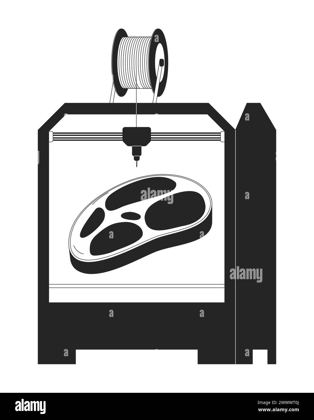 Synthetic Meat On 3d Printer Black And White 2d Line Cartoon Object