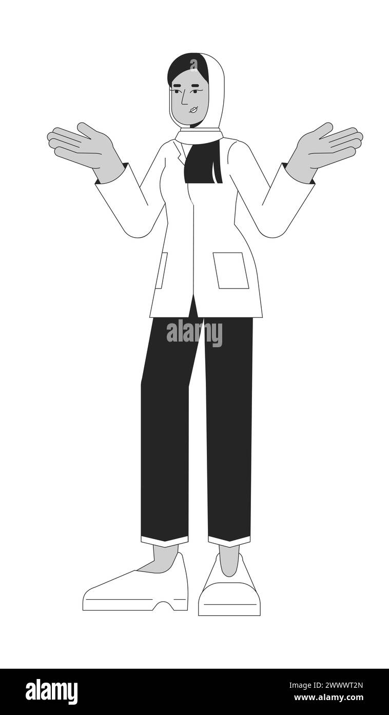 Shrugging office worker muslim hijab black and white 2D line cartoon ...