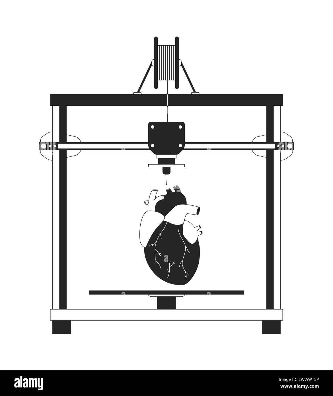 Artificial heart on 3d printer black and white 2D line cartoon object ...