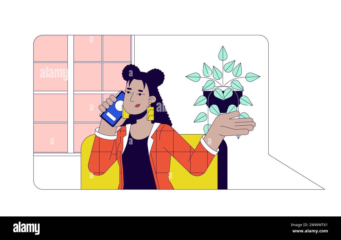 Woman talking on phone at home 2D linear cartoon character Stock Vector ...